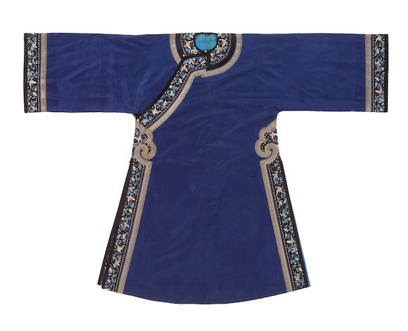 Bonhams : A woman's blue silk brocade informal robe with embroidered ...