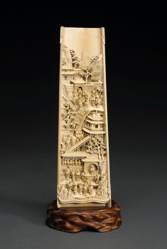 Bonhams : A carved ivory plaque of monks at a mountain temple 19th Century