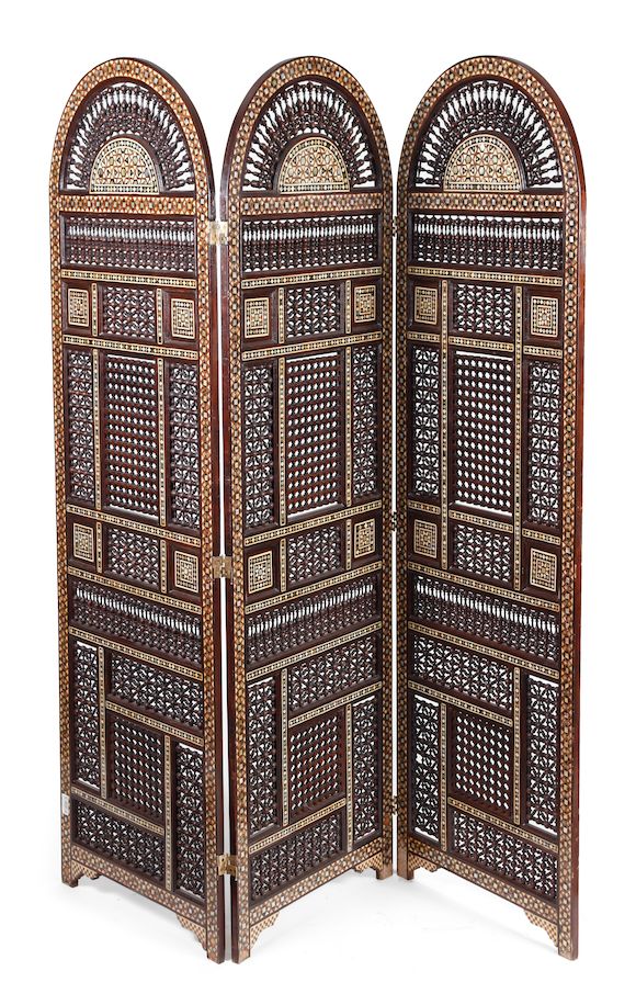 Bonhams : A Moorish shell and bone inlaid hardwood three fold floor screen
