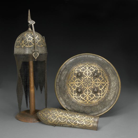 Bonhams : A fine suite of gold and silver-damascened Persian armor