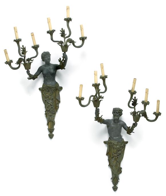 Bonhams : A pair of gilt and patinated bronze six light figural bras de ...