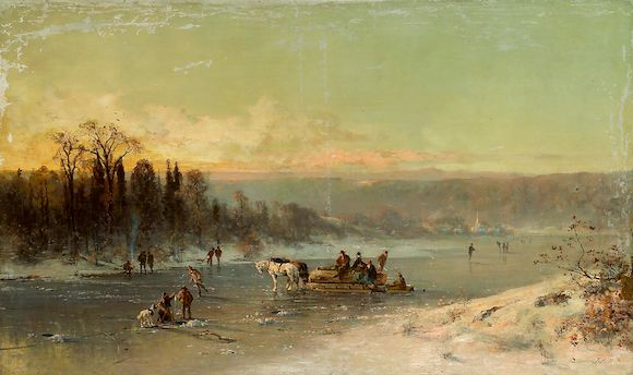 Bonhams : Thomas Hill (American, 1829-1908) Figures on a horse drawn sledge and figures ice ...