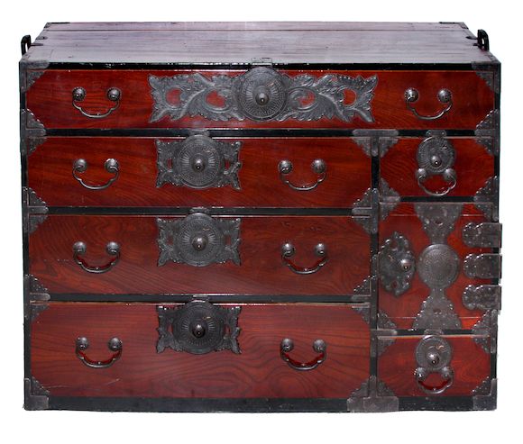 Bonhams : A Japanese Sendai Tansu chest, rich maroon lacquer on Keyaki ...
