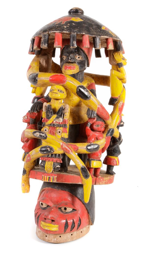 Bonhams : A large yellow, red and black painted headcrest depicting a ...