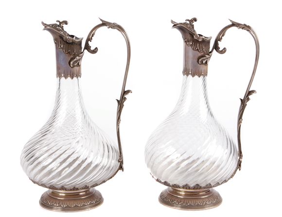 Bonhams : A pair of French glass claret jugs retailed by Aucoc