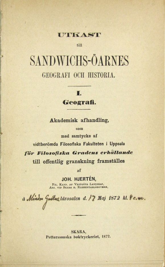 Bonhams : HJERTEN, JOH. Utkast till Sanwiches-Oarnes Geografi och Historia. Skara Petterssonska ...