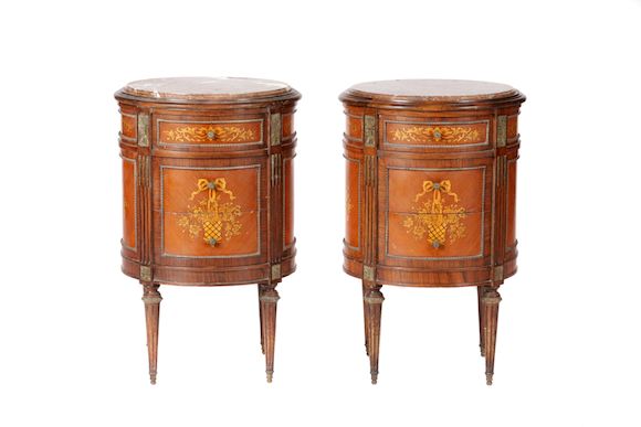 Bonhams : A pair of Louis XVI style mahogany and walnut night tables