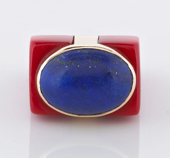 Bonhams : A lapis lazuli and red resin hololith ring