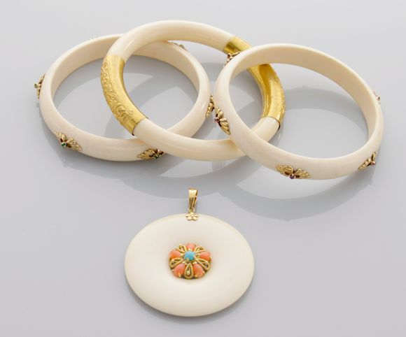 Bonhams : A collection of ivory, gem-set and gold jewelry