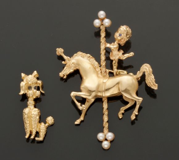 Bonhams : A cultured pearl and gold carousel brooch with a gold poodle ...