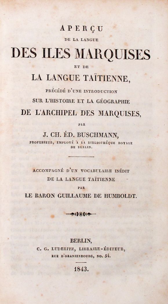 Bonhams : BUSCHMANN, JOHANN C.E., AND GUILLAUME DE HUMBOLDT. Aperçu de ...
