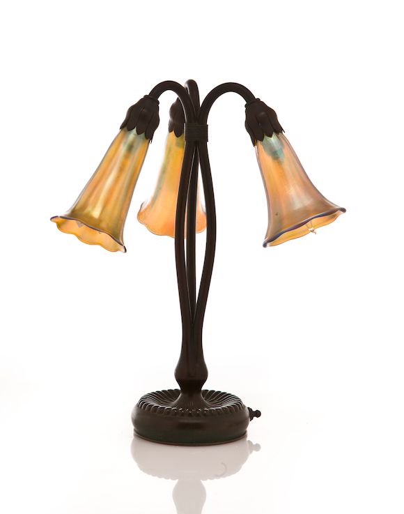 Bonhams : A Tiffany Studios patinated-bronze three-light Lily lamp base ...