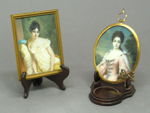 Bonhams : Two portrait miniatures of noble ladies in gilt bronze frames ...