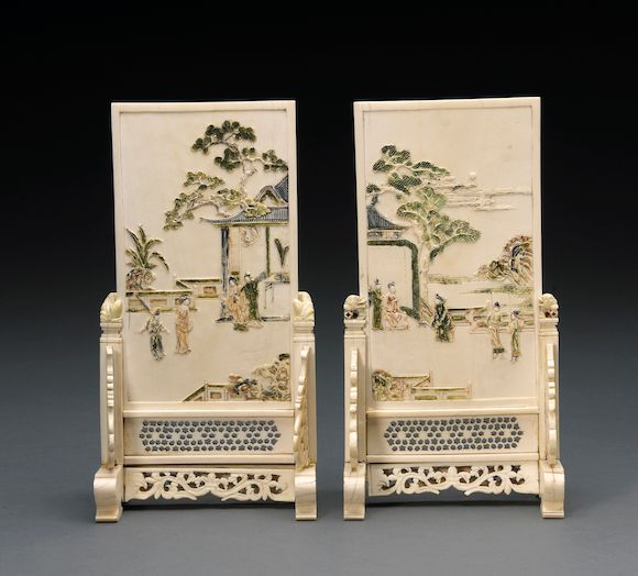 Bonhams : A pair of carved ivory table screens Late Qing Dynasty