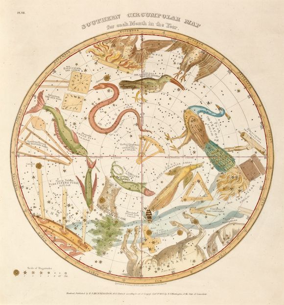 Bonhams : A set of six framed hand-colored celestial charts 1835 21 x ...