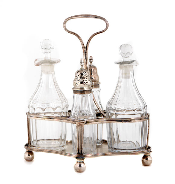 Bonhams : George III silver cruet frame with four glass fittings by ...