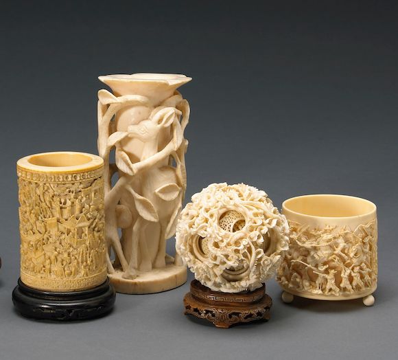 Bonhams : A group of four export ivory objects 20th Century