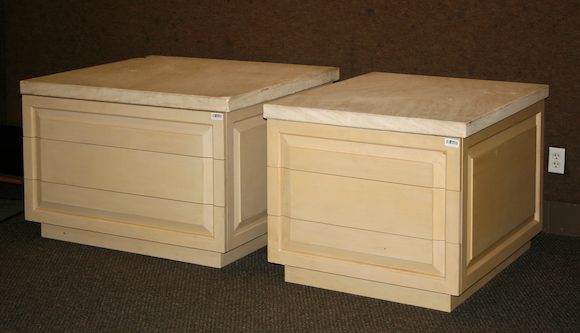 Bonhams : A pair of whitewashed bedside tables with limestone tops