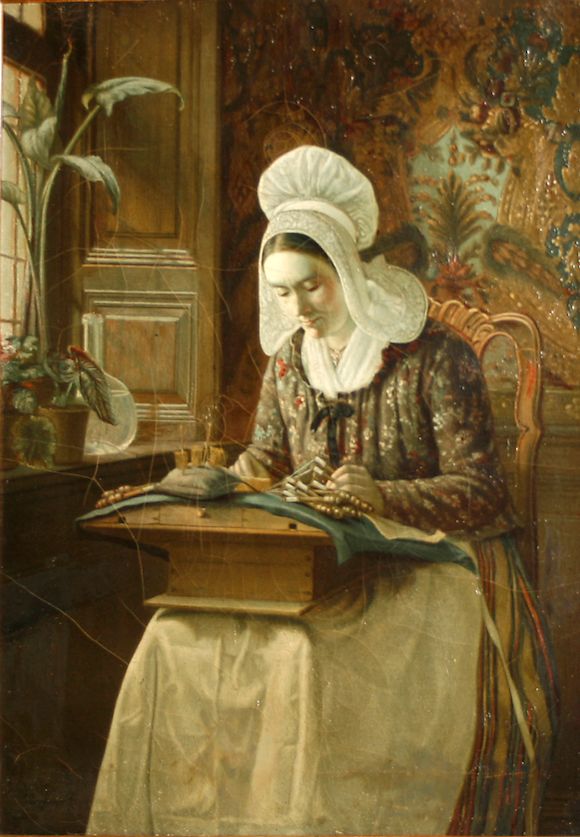 Bonhams : John D. Stevens (British, 1793-1868) The lace maker 16 x 12 1/4in