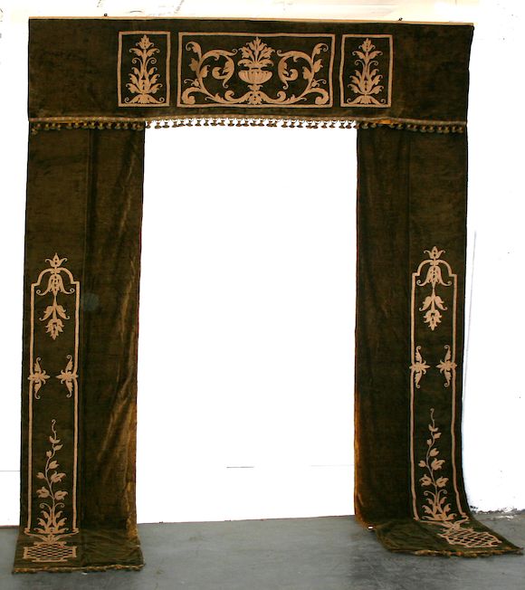 Bonhams : An Italian embroidered green velvet portière