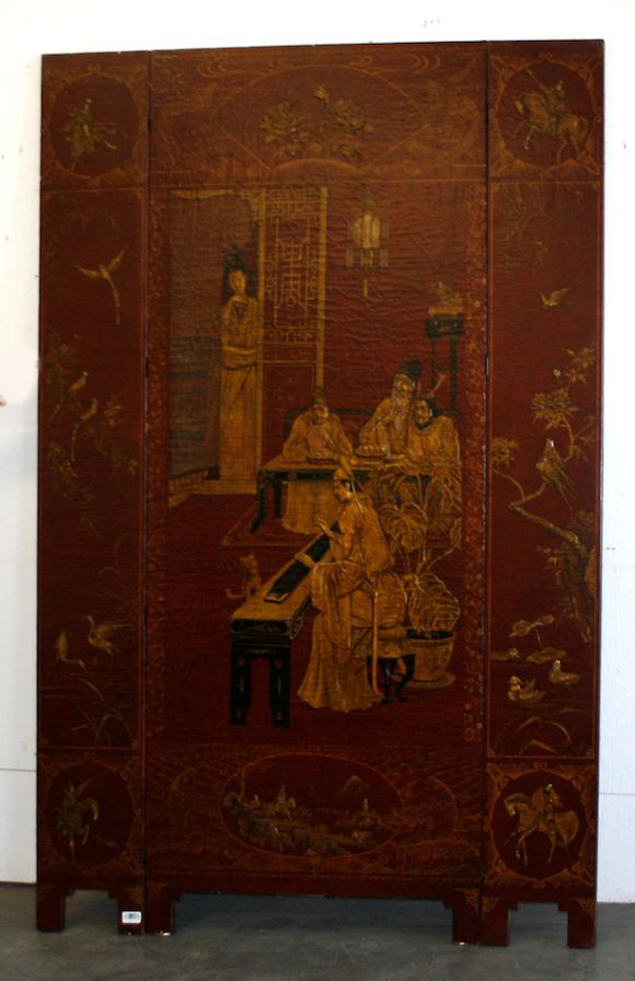 Bonhams : A Chinese red lacquered three panel floor screen with gilt ...