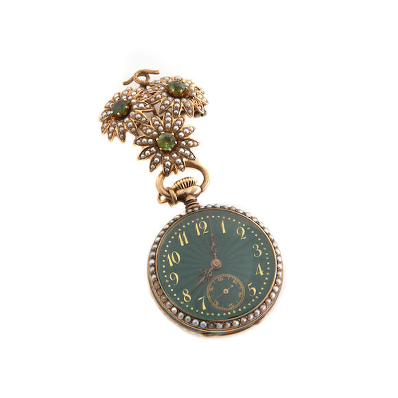 Bonhams : A seed pearl, peridot, enamel and 14k gold flower watch ...
