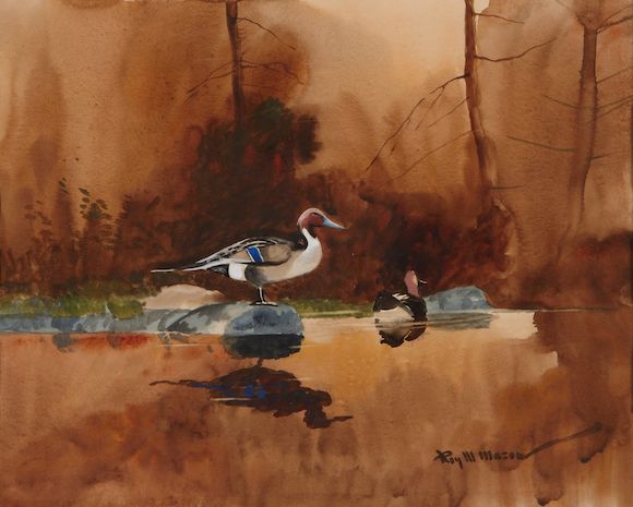 Bonhams : Roy Martell Mason (American, 1886-1972) Mallards in a pond ...