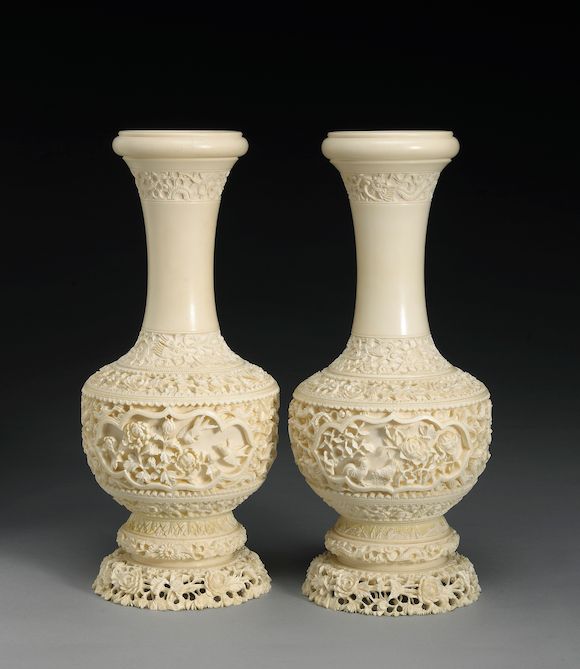 Bonhams : A pair of export style pieced ivory vases 20th Century