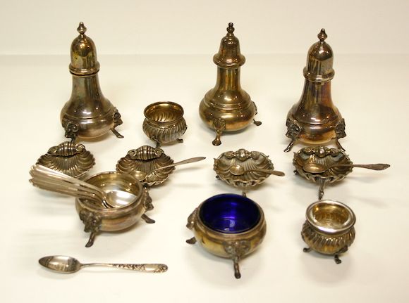 Bonhams : Group of silver condiment vessels and flatware