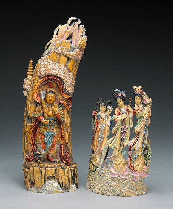 Bonhams : Two polychromed ivory figures 20th Century
