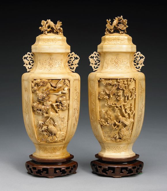Bonhams : A pair of carved ivory vases 20th Century