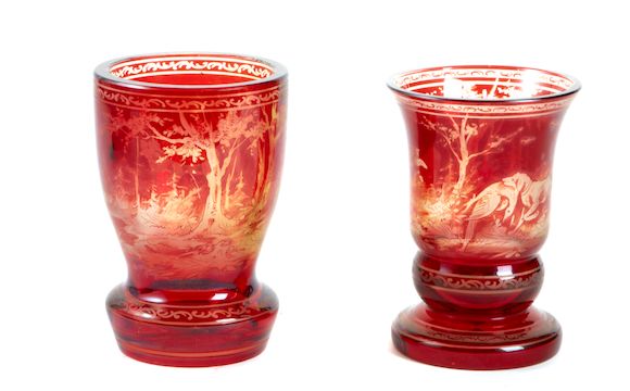 Bonhams : A group of two Bohemian ruby flash glass beakers