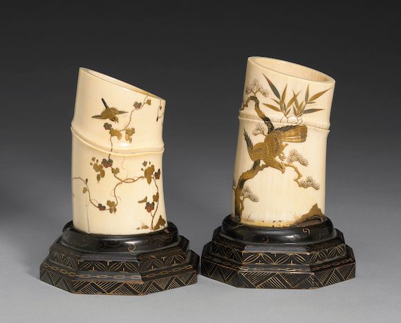 Bonhams : A pair of ivory tusks with gilt lacquer decoration Meiji Period