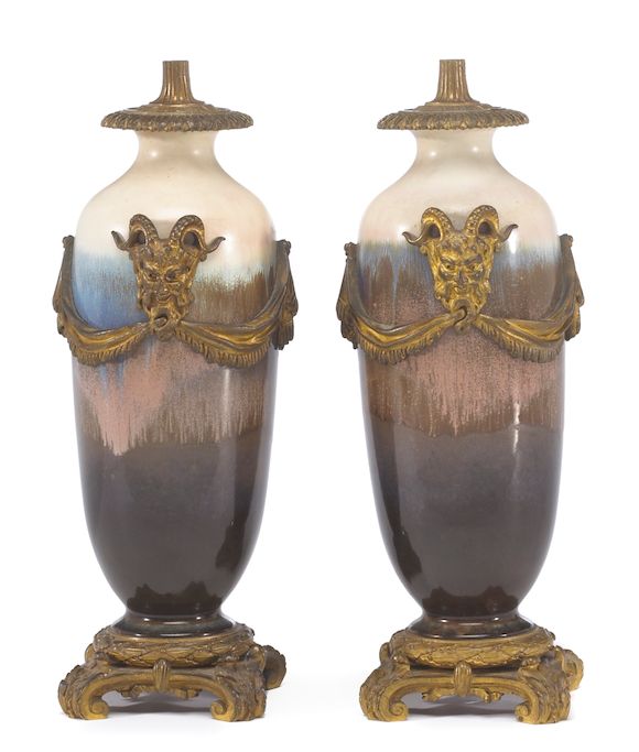 Bonhams : A pair of French gilt bronze mounted flambé porcelain vase ...