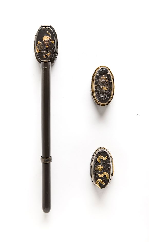 Bonhams : A yatate (portable writing set) and two pill boxes Edo period ...