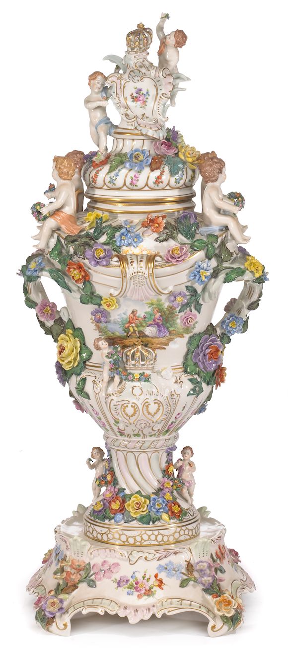 Bonhams : A Dresden porcelain floral encrusted and figural covered urn ...