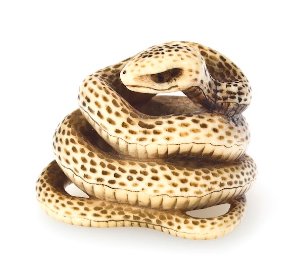 Bonhams : An ivory netsuke of a snake By Ransen, Edo period, 19th century