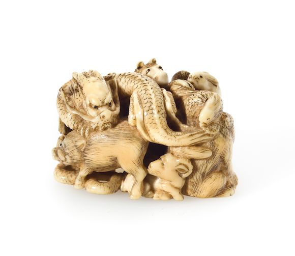 Bonhams : An ivory netsuke of a group of zodiac animals By Chokyusai ...