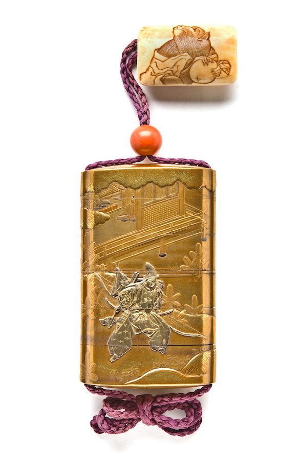 Bonhams : A large gold lacquer and metal-inlaid four-case inro By Koma ...