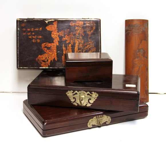 Bonhams : A group of eight wood and lacquered wood boxes with hinged covers