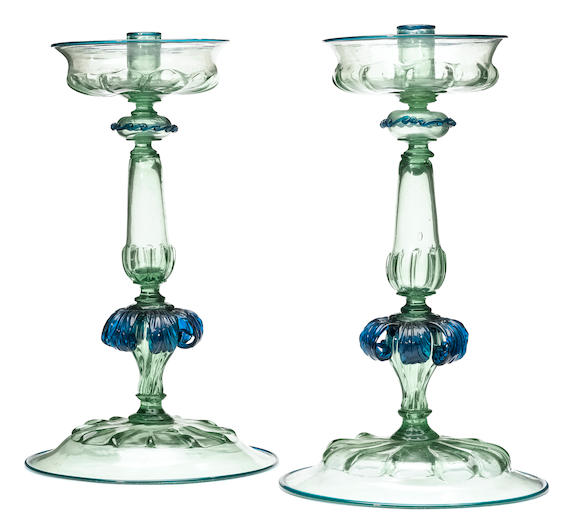 Bonhams : A large pair of Venetian colored glass candlesticks circa 1900