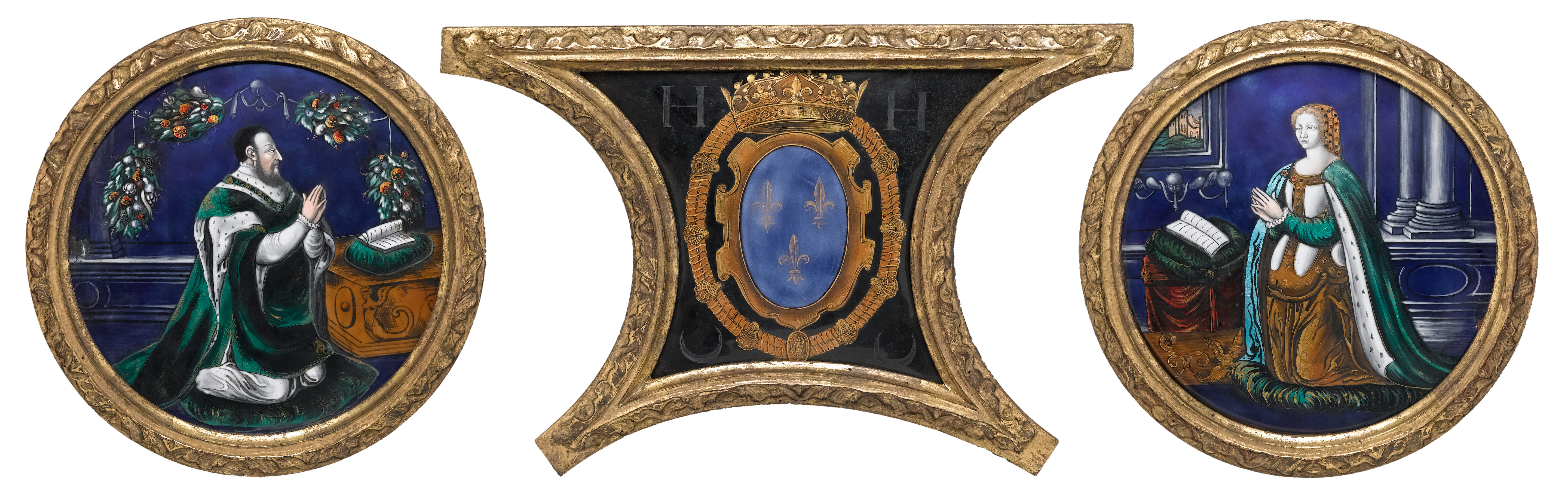 Bonhams : A pair of Limoges enamel plaques depicting Francis I and his consort, together with a ...