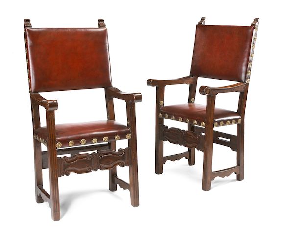 Bonhams : A pair of Italian Baroque walnut and leather upholstered ...