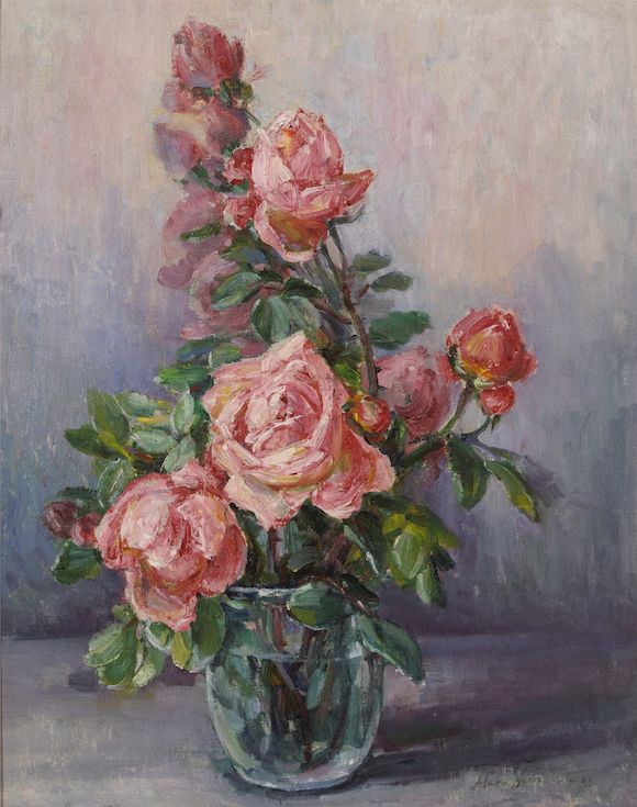 Bonhams : Mary Herrick Ross (American, 1856-1935) Pink roses in a vase ...