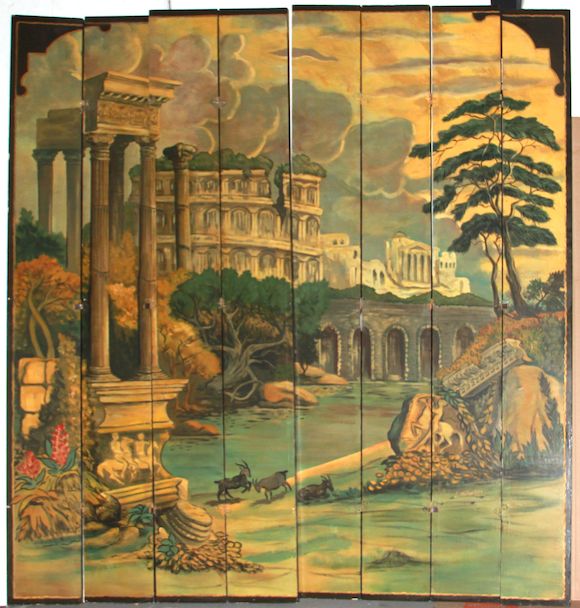 Bonhams : A pair of Italian Capriccio style paint decorated four panel ...