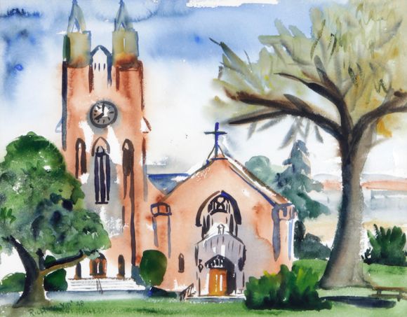 Bonhams : Richard Yip (American, 1919-1981) The Red Church 15 x 19in