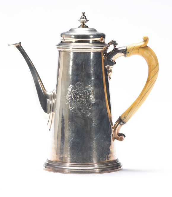 Bonhams : George II silver coffee pot with ivory handle