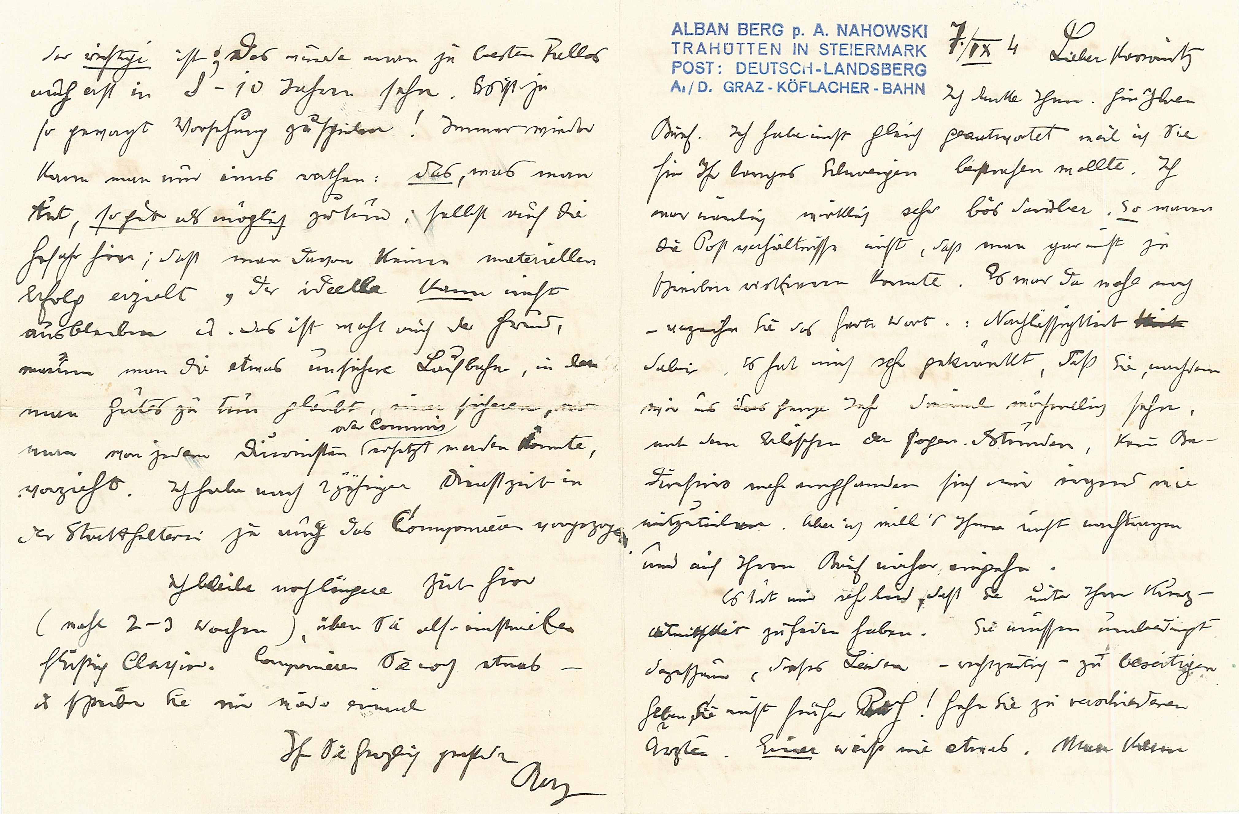 BERG, Alban (1885-1935) Autograph letter signed ('Alban Berg ...