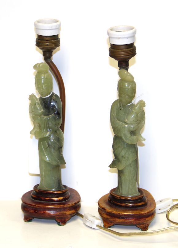Bonhams : A pair of carved serpentine female figures Late Qing/Republic ...