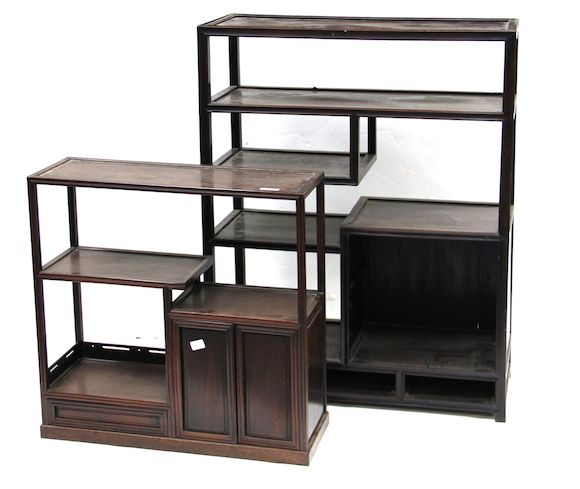 Bonhams : Two Chinese style hardwood open shelf display cabinets